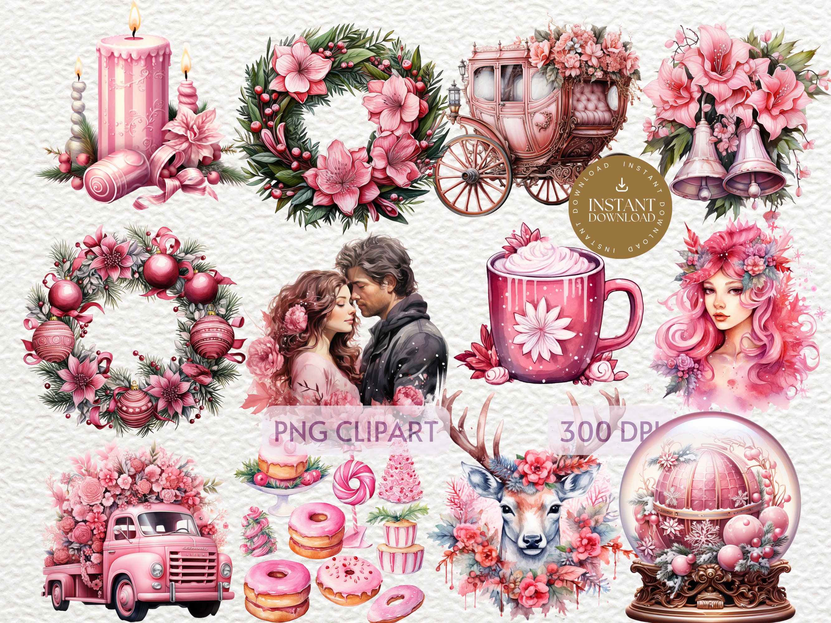 Pink Christmas Clipart Bundle Pink Holiday Xmas Clipart Pink Tis the ...