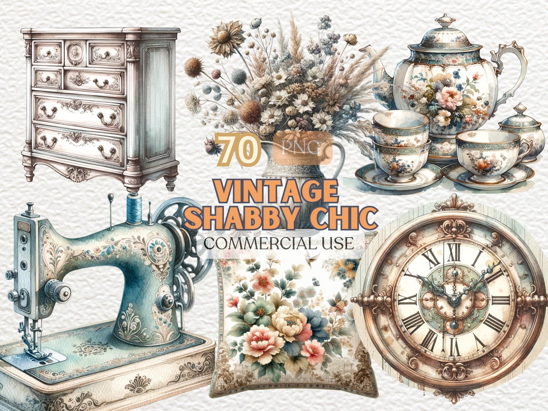 Watercolor Vintage Shabby Chic Clipart, Watercolor Sewing Clipart ...