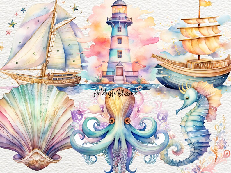 Watercolor Nautical Clipart, Under the Sea, Nautical Png, Marine ...