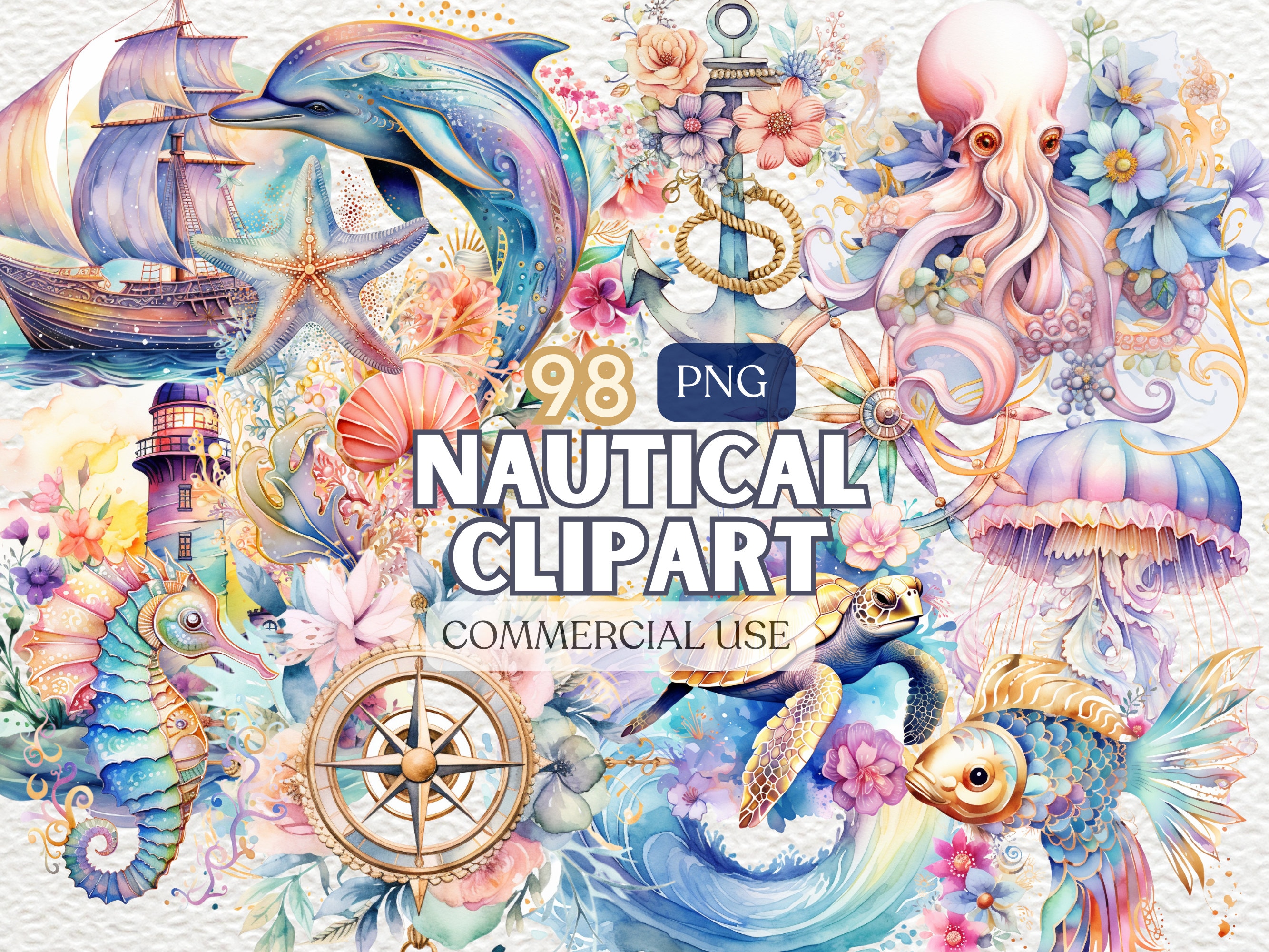 Watercolor Nautical Clipart, Under the Sea, Nautical Png, Marine ...