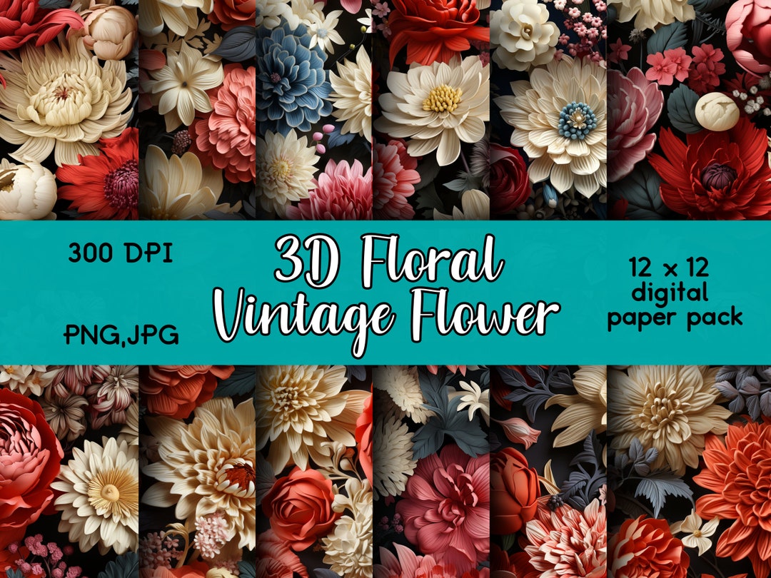 3D Flower Vintage, 3D Flower Tumbler Wrap, Flower Pattern, Digital ...