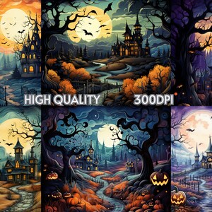 Printable Halloween Landscape Digital Paper, Halloween Scene, Spooky ...