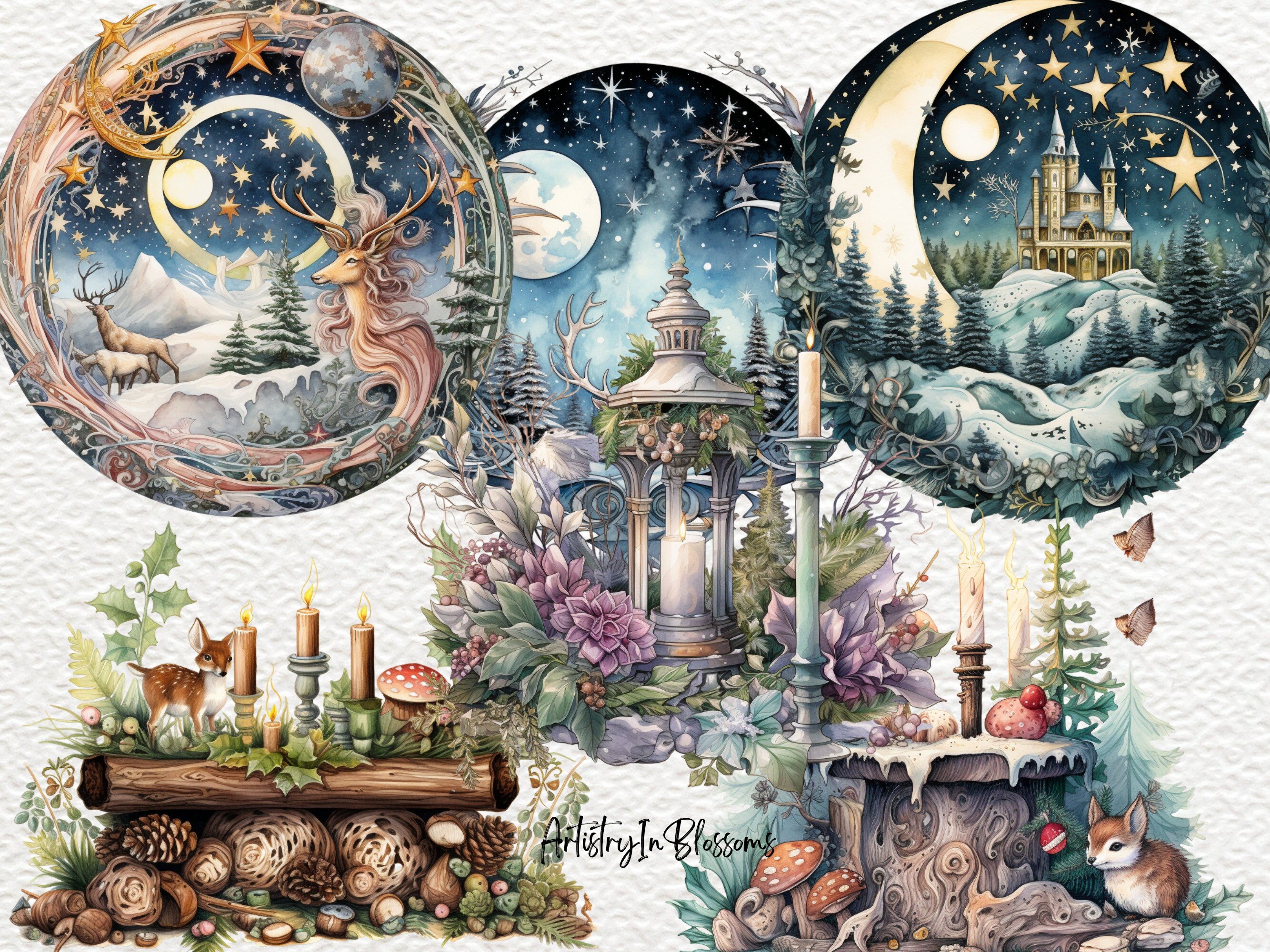Watercolor Yule Clipart, Christmas Clipart, Winter Solstice Clipart ...