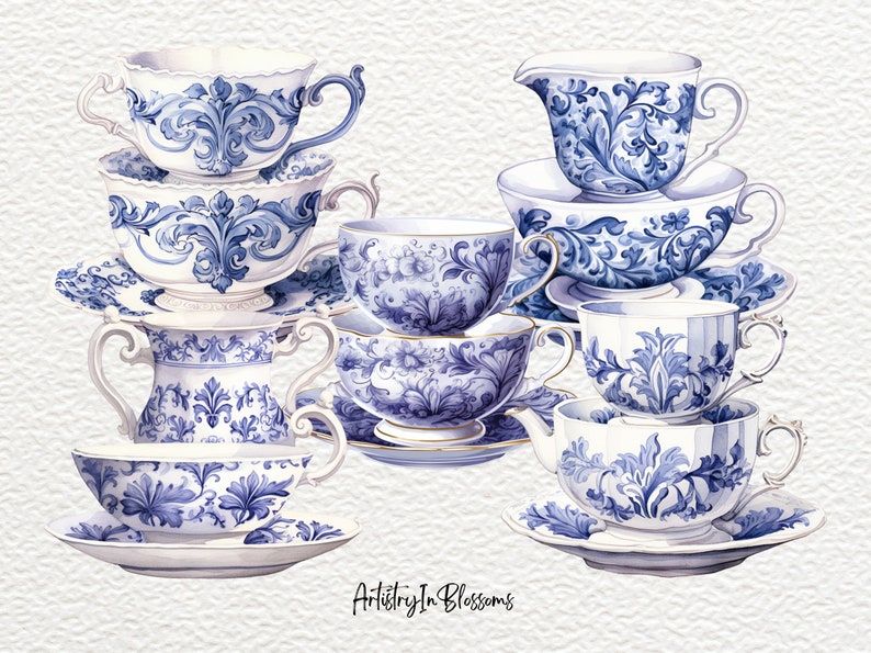 Watercolor Chinoiserie Clipart, Chinoiserie Watercolor Tea Set Clipart ...
