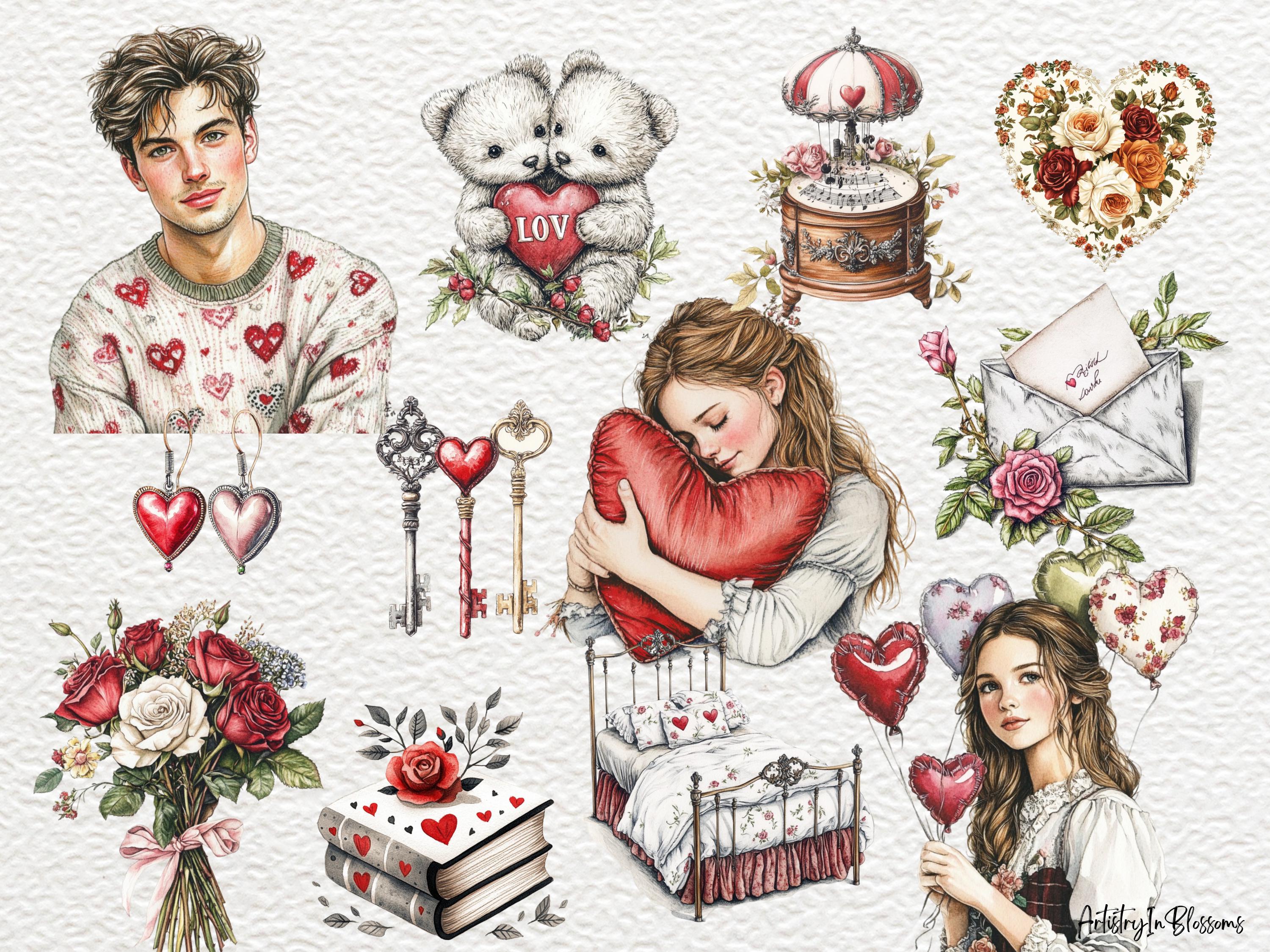 Watercolor Valentine's Day Clipart Set, Love Clipart Bundle, Romantic ...