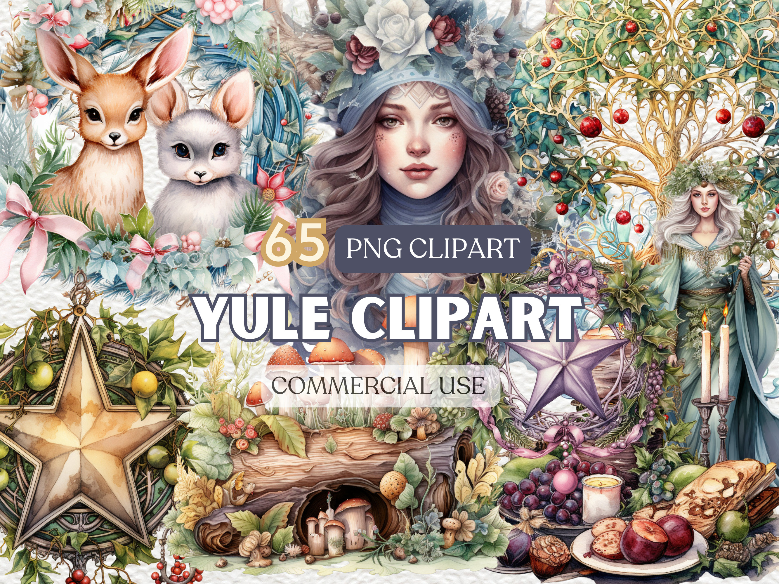 Watercolor Yule Clipart, Christmas Clipart, Winter Solstice Clipart ...
