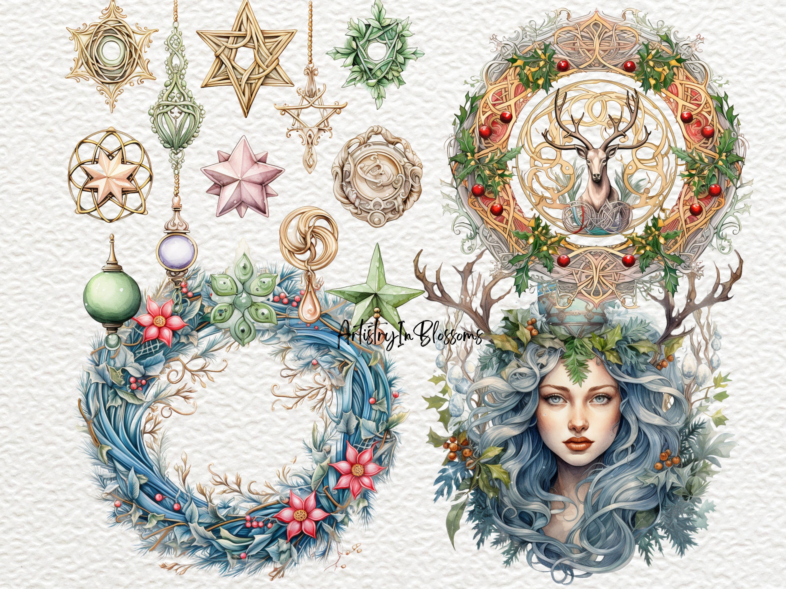 Watercolor Yule Clipart, Christmas Clipart, Winter Solstice Clipart ...
