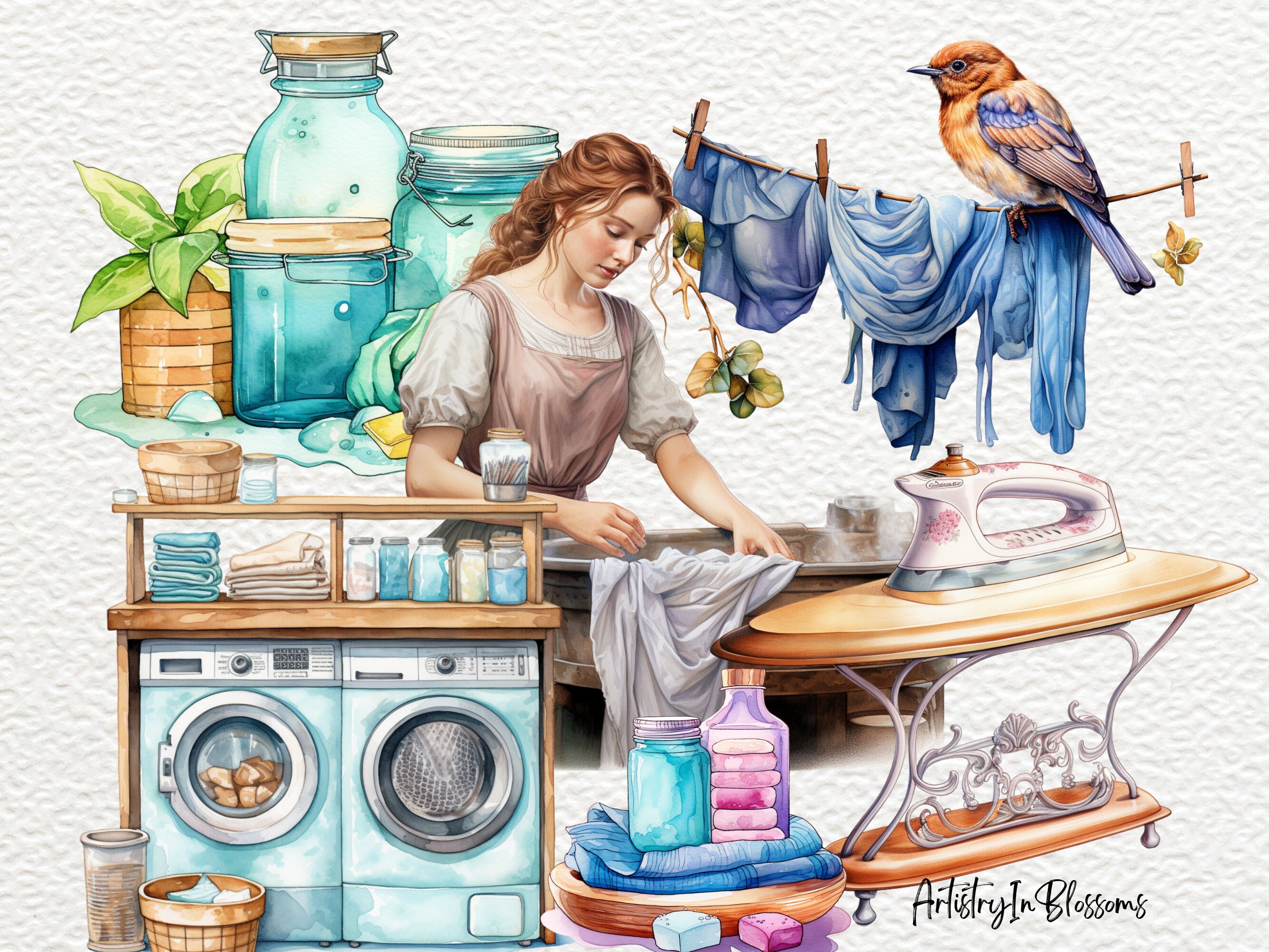 Watercolor Laundry Day Clipart, Housework Clipart, Laundry Png ...
