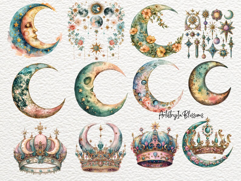 Watercolor Moon Clipart, Moon Watercolor Clipart, Lunar Illustrations ...