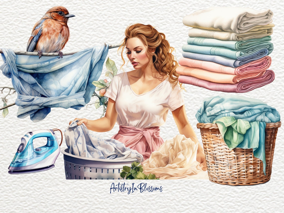 Watercolor Laundry Day Clipart, Housework Clipart, Laundry Png ...