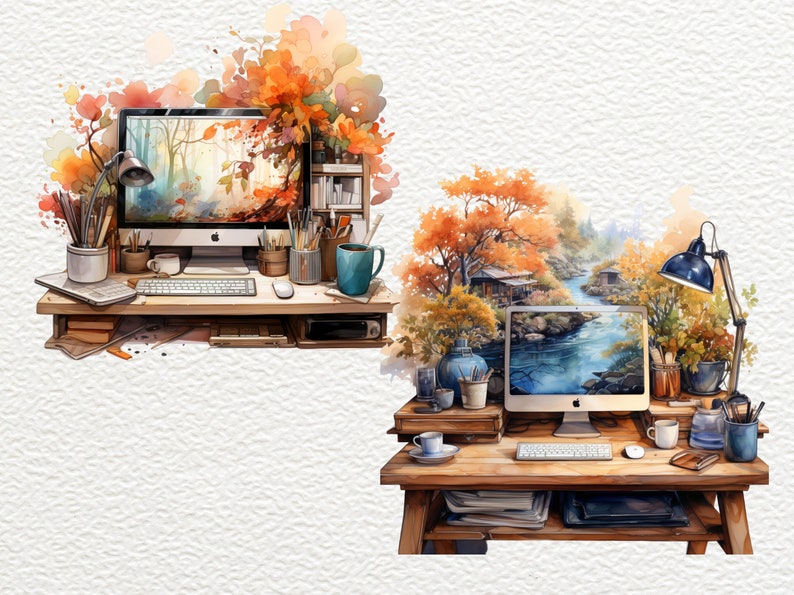 Watercolor Desk With Computer Clipart Watercolor Office - Etsy