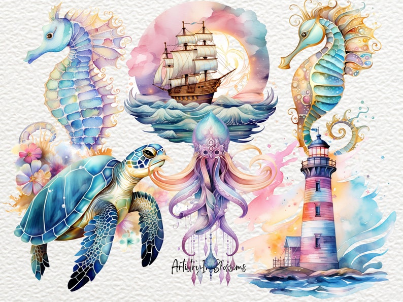 Watercolor Nautical Clipart, Under the Sea, Nautical Png, Marine ...