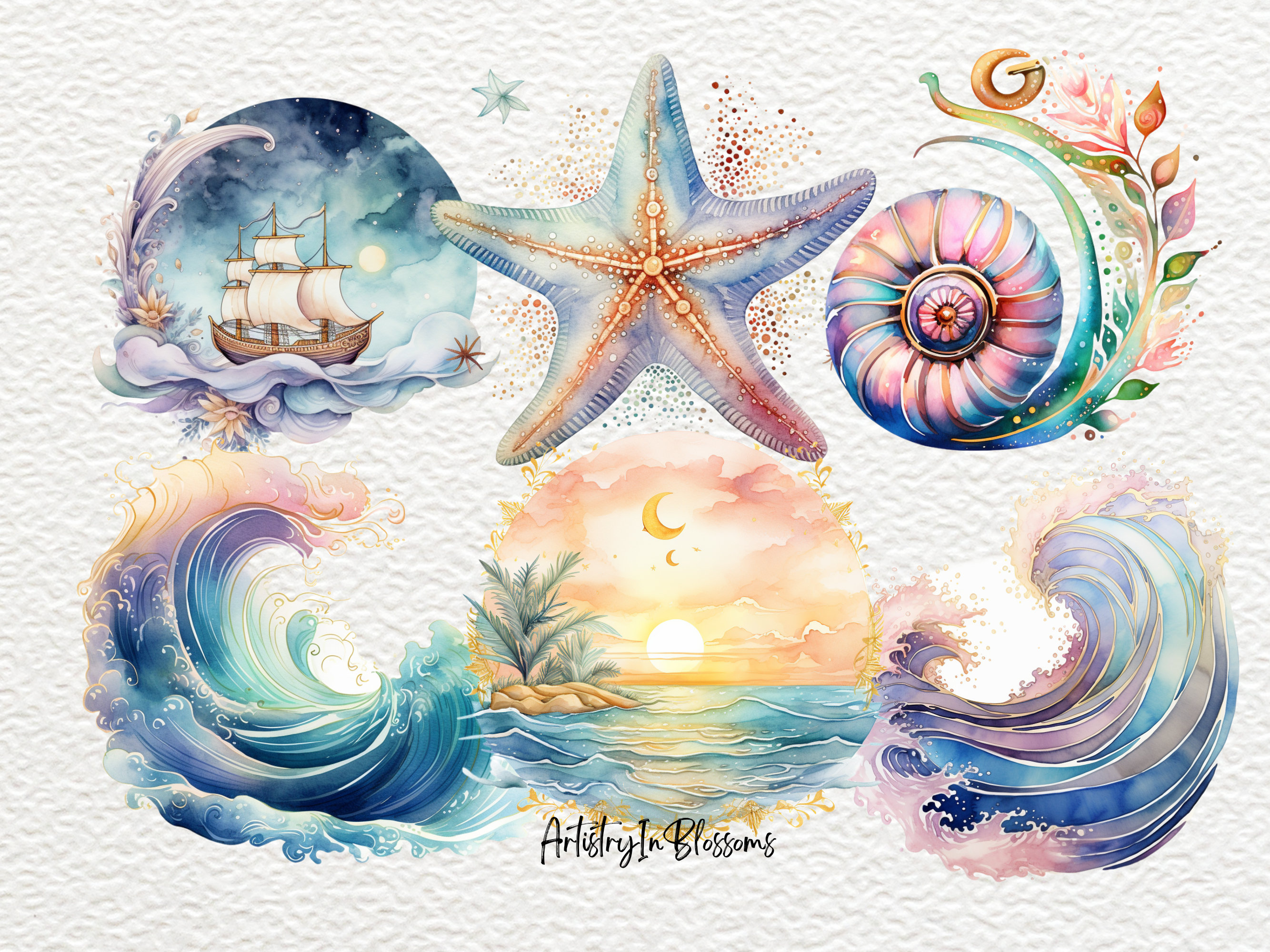 Watercolor Nautical Clipart, Under the Sea, Nautical Png, Marine ...