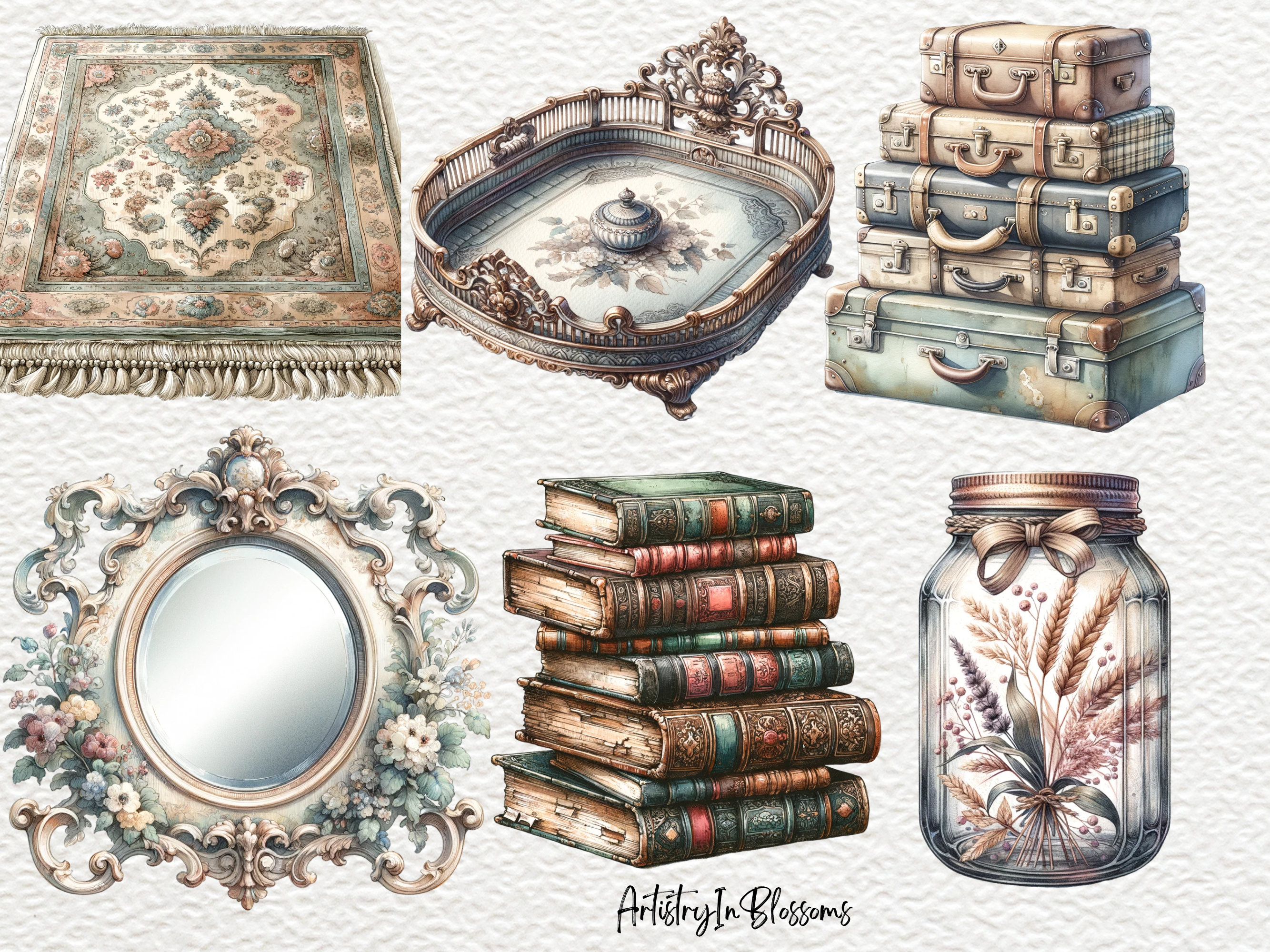 Watercolor Vintage Shabby Chic Clipart, Watercolor Sewing Clipart ...