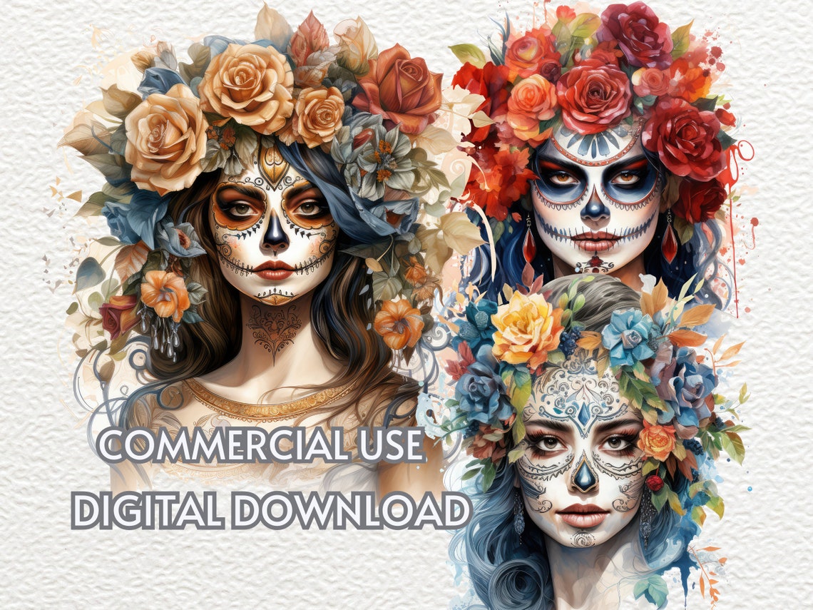 Sugar Skull Woman Watercolor Clipart Sugar Skull Lady Clipart Etsy