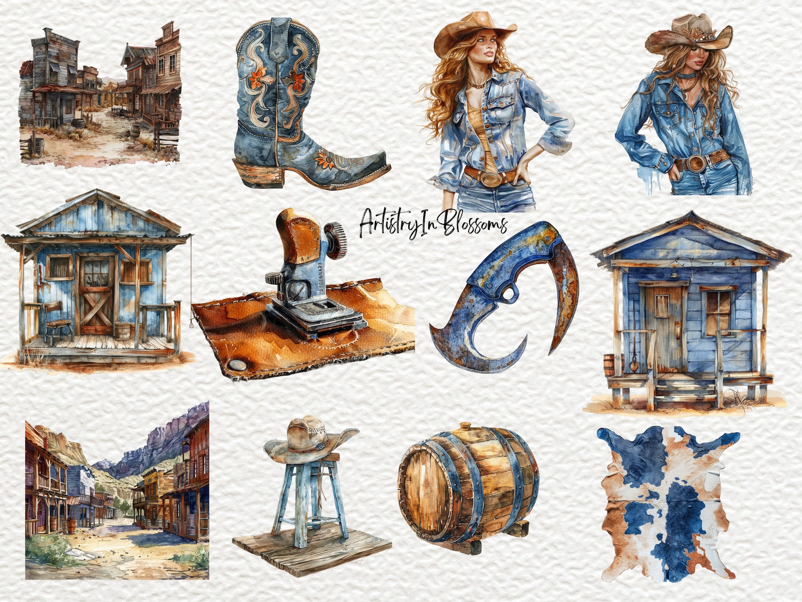 Watercolor Western Clipart, Cowboy-themed Clipart Set, Western Life ...