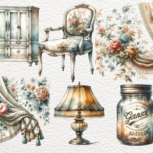 Watercolor Vintage Shabby Chic Clipart, Watercolor Sewing Clipart ...