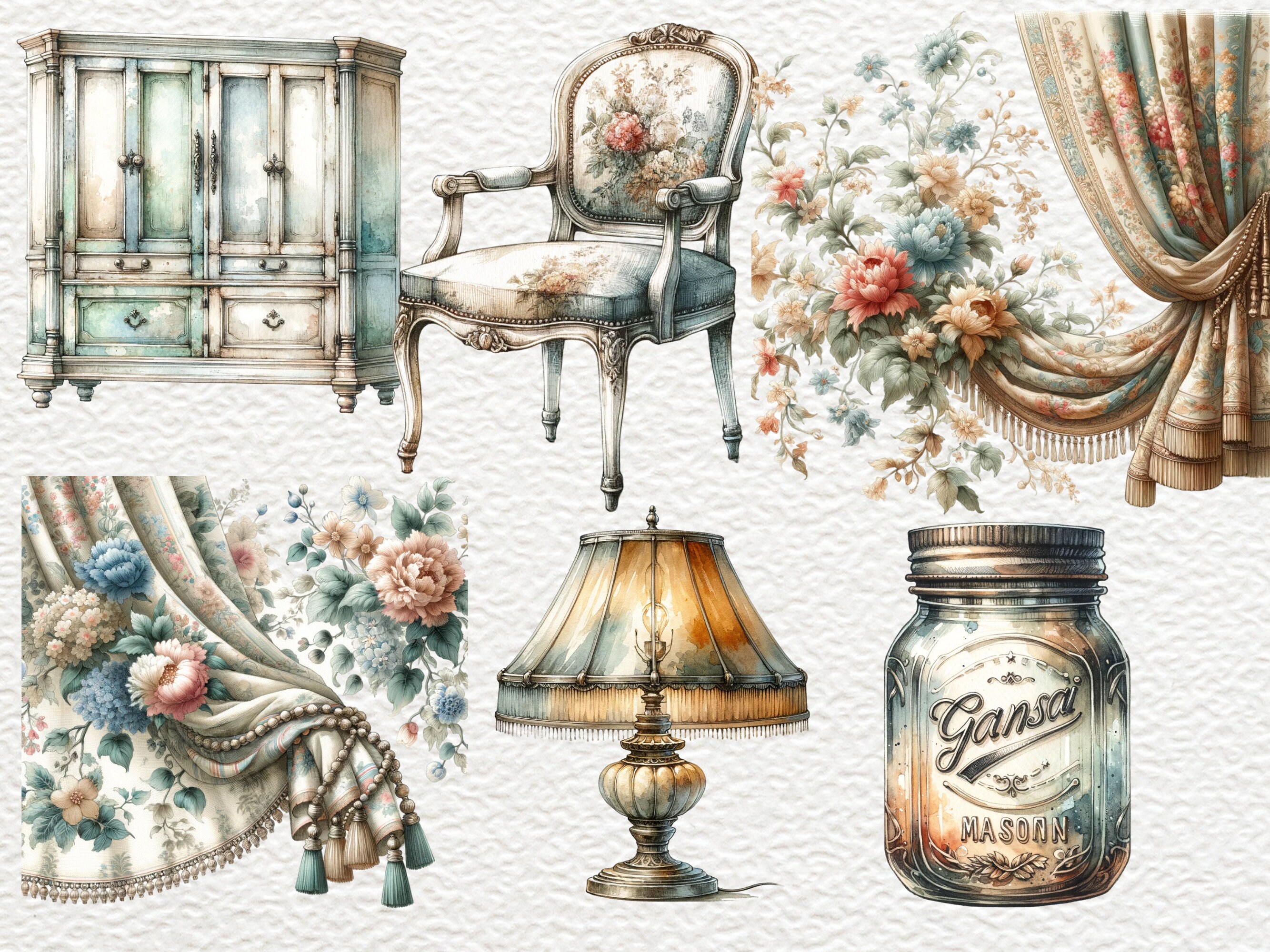 Watercolor Vintage Shabby Chic Clipart, Watercolor Sewing Clipart ...