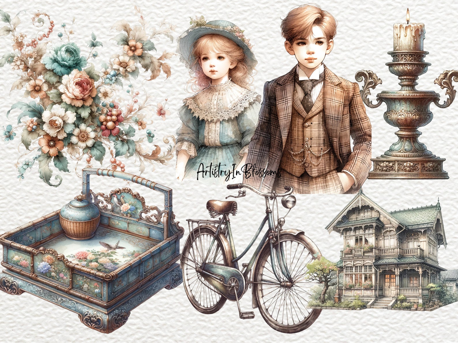 Watercolor Vintage Shabby Chic Clipart, Watercolor Sewing Clipart ...