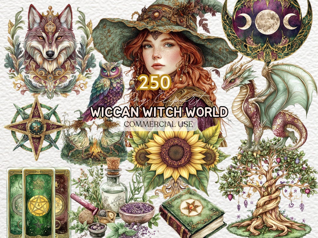 Wiccan Witch Clipart Bundle, Watercolor Magic Graphics, Pagan Art ...