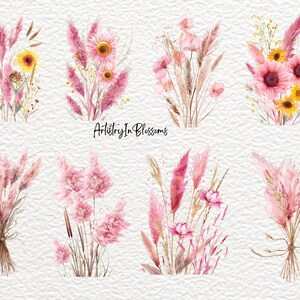 Watercolor Pink Pampas Grass Clipart, Digital Floral Art, Wedding ...