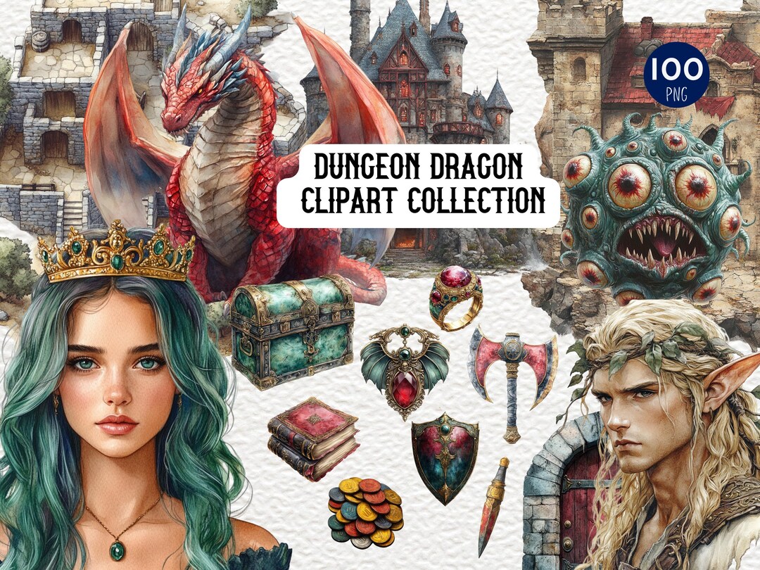 Dungeon Dragon Watercolor Clipart Bundle - Fantasy RPG Artwork for ...