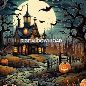Printable Halloween Landscape Digital Paper, Halloween Scene, Spooky ...