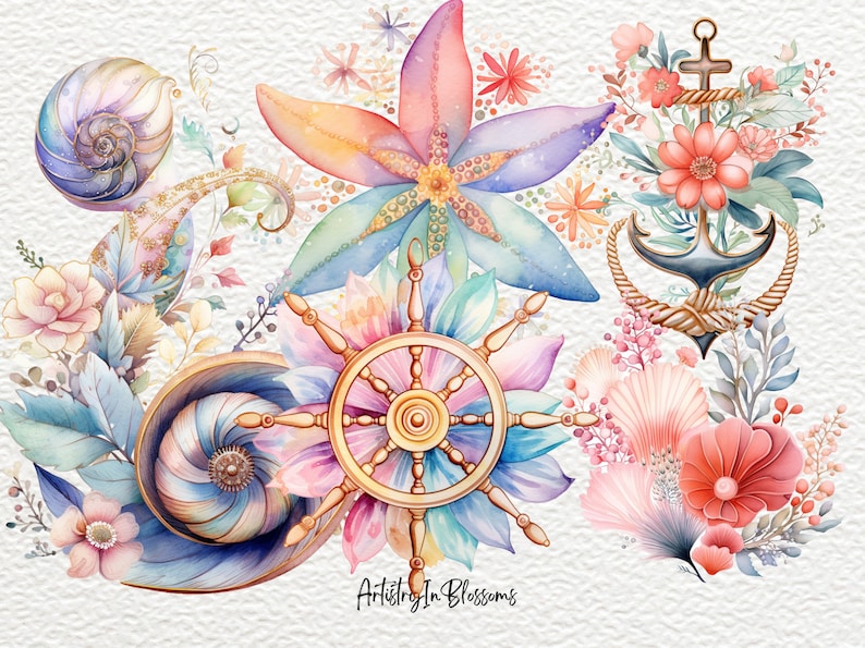 Watercolor Nautical Clipart, Under the Sea, Nautical Png, Marine ...