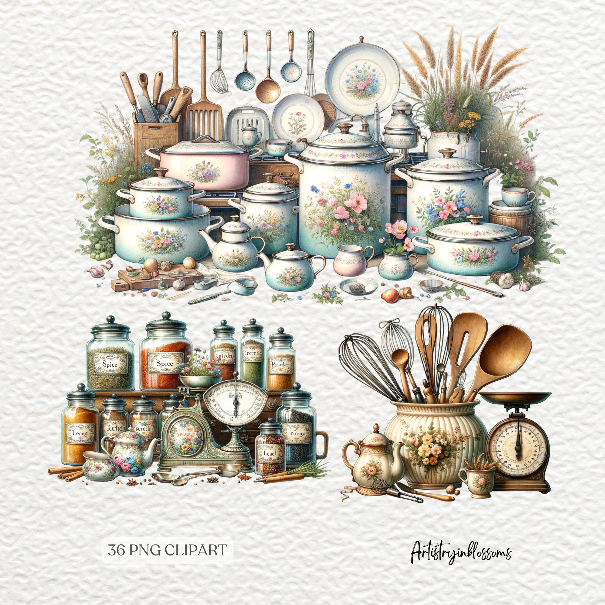 Watercolor Vintage Kitchen Clipart, Baking Supplies Clipart Png ...