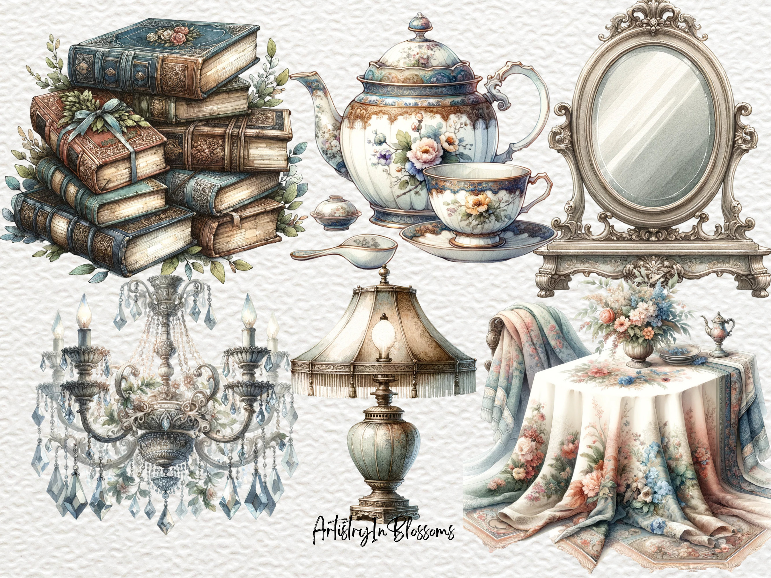 Watercolor Vintage Shabby Chic Clipart, Watercolor Sewing Clipart ...