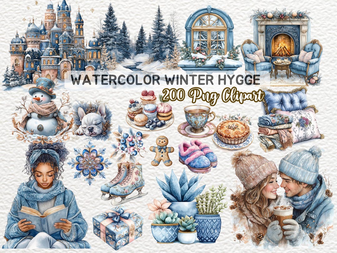 Watercolor Winter Hygge Clipart, Cozy Hand-drawn Elements for Winter ...