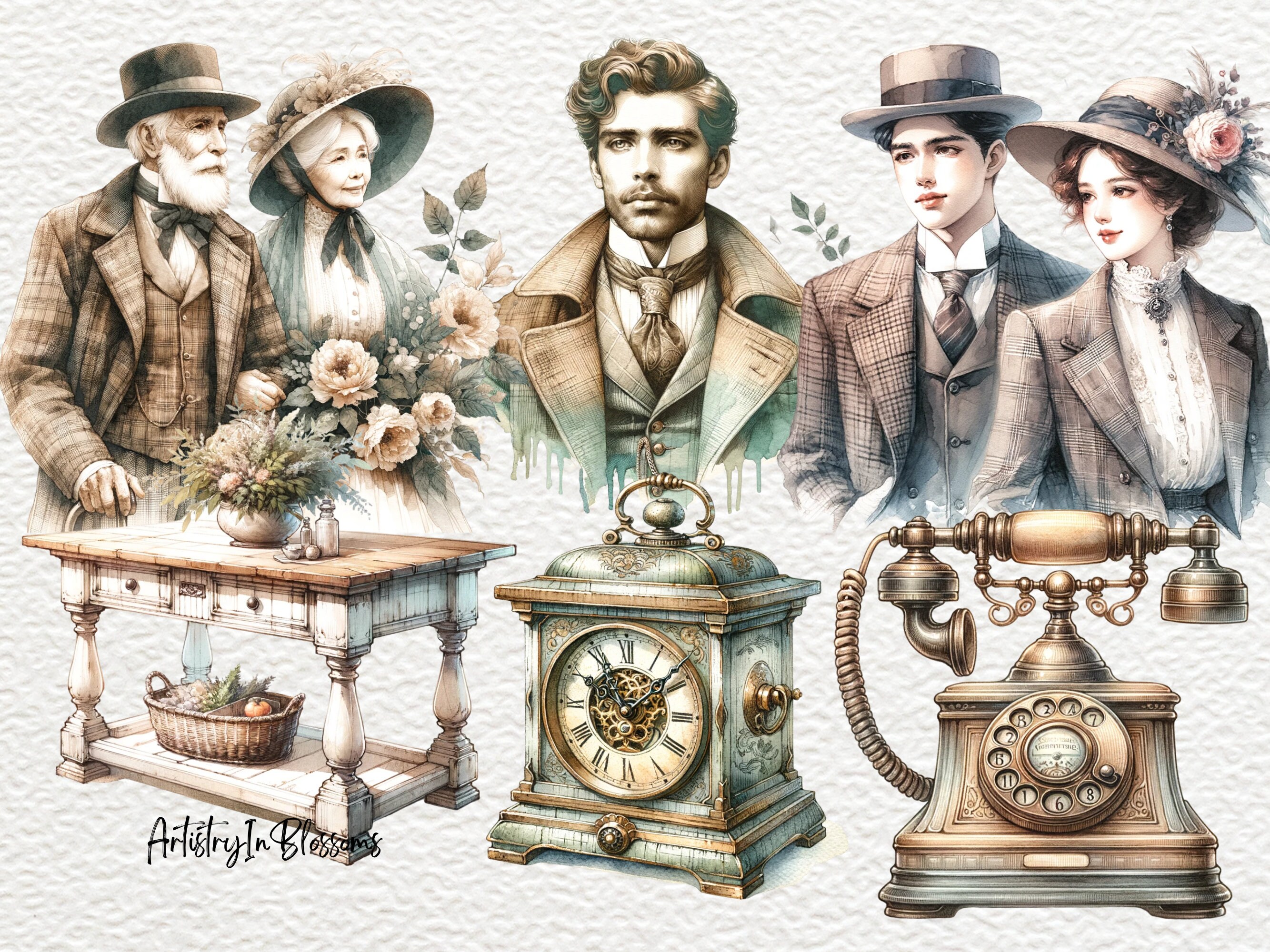 Watercolor Vintage Shabby Chic Clipart, Watercolor Sewing Clipart ...