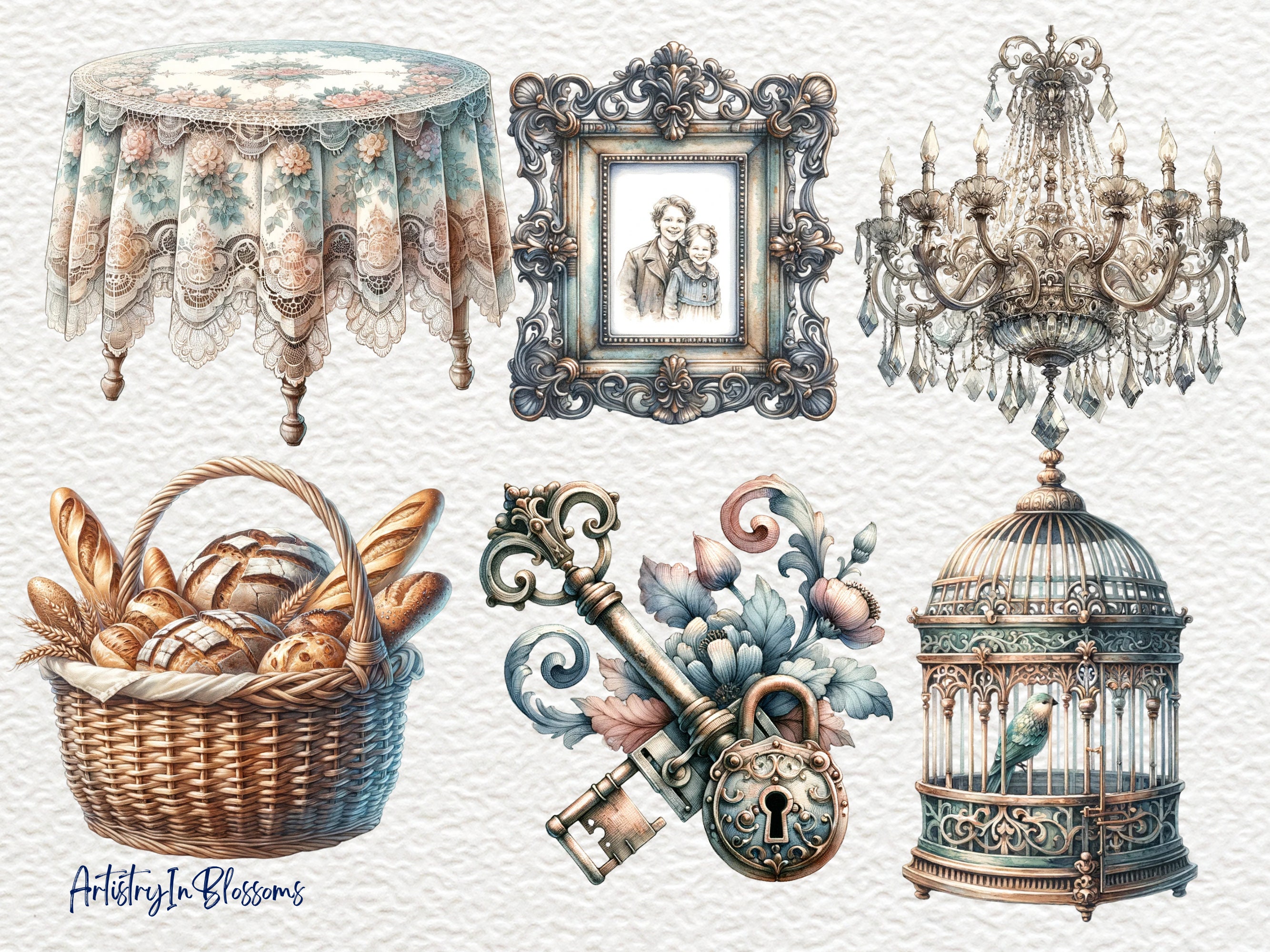 Watercolor Vintage Shabby Chic Clipart, Watercolor Sewing Clipart ...
