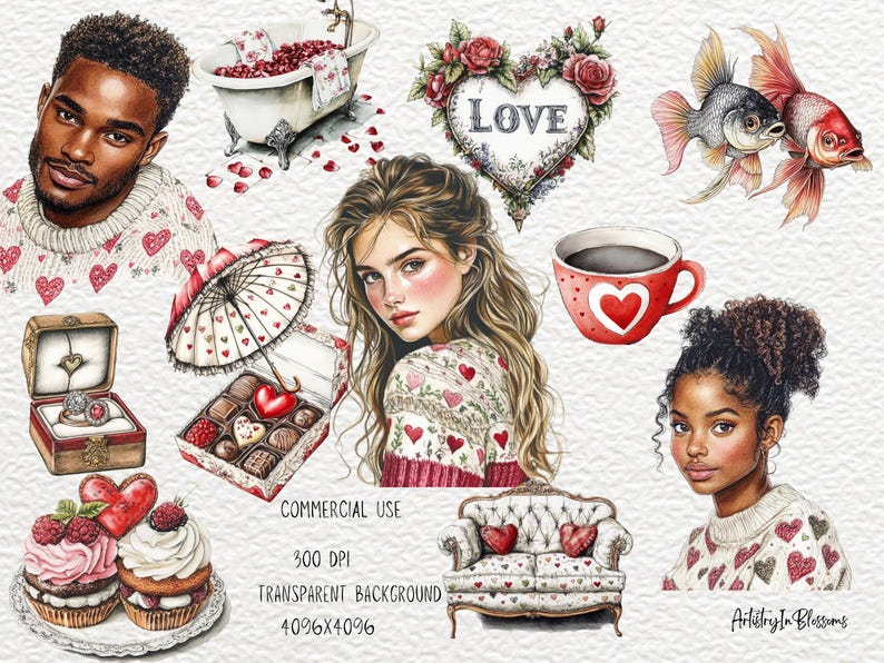 Watercolor Valentine's Day Clipart Set, Love Clipart Bundle, Romantic ...