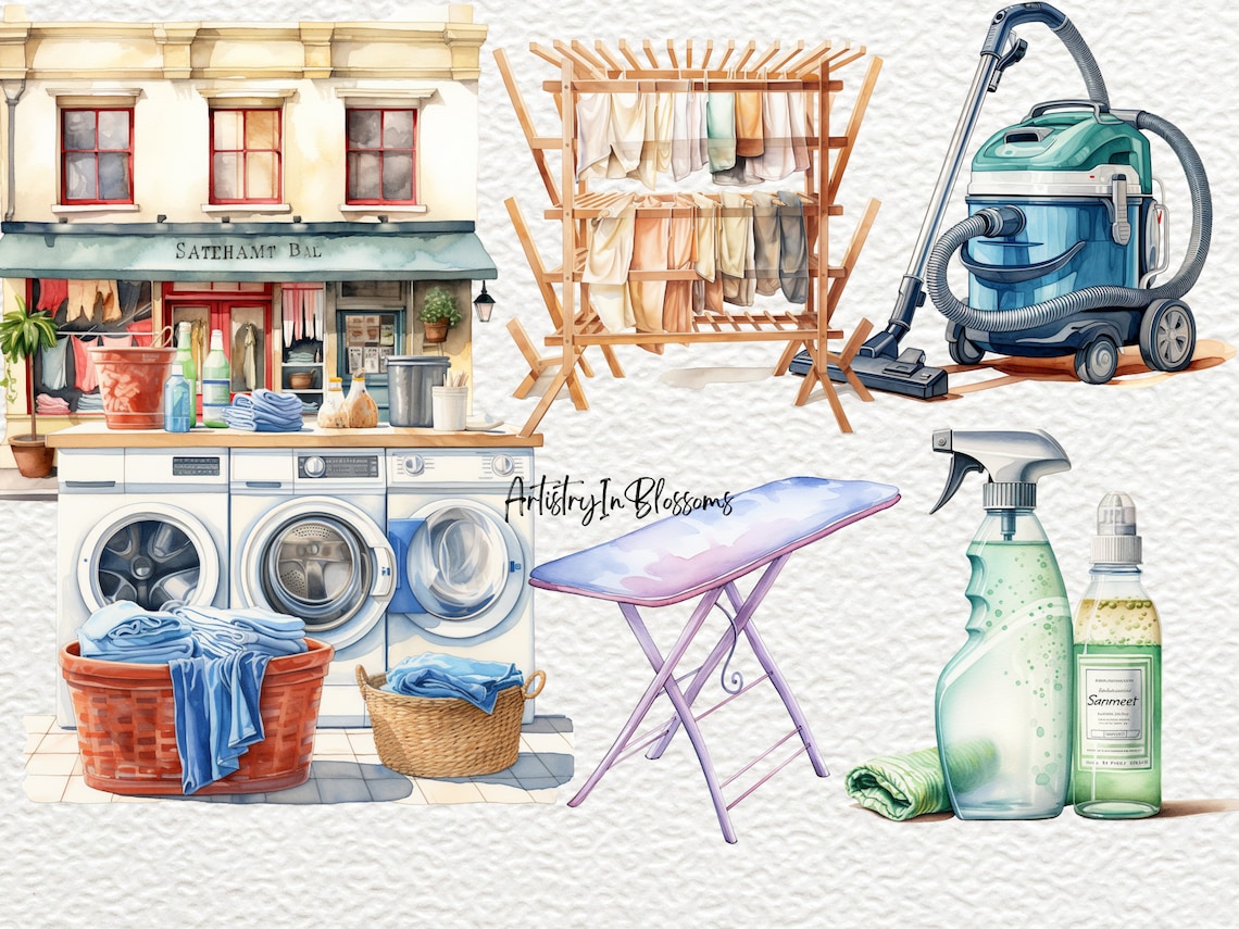 Watercolor Laundry Day Clipart, Housework Clipart, Laundry Png ...
