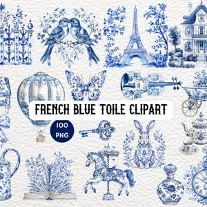 French Blue Toile Clipart Collection, Vintage Floral Patterns, Shabby ...
