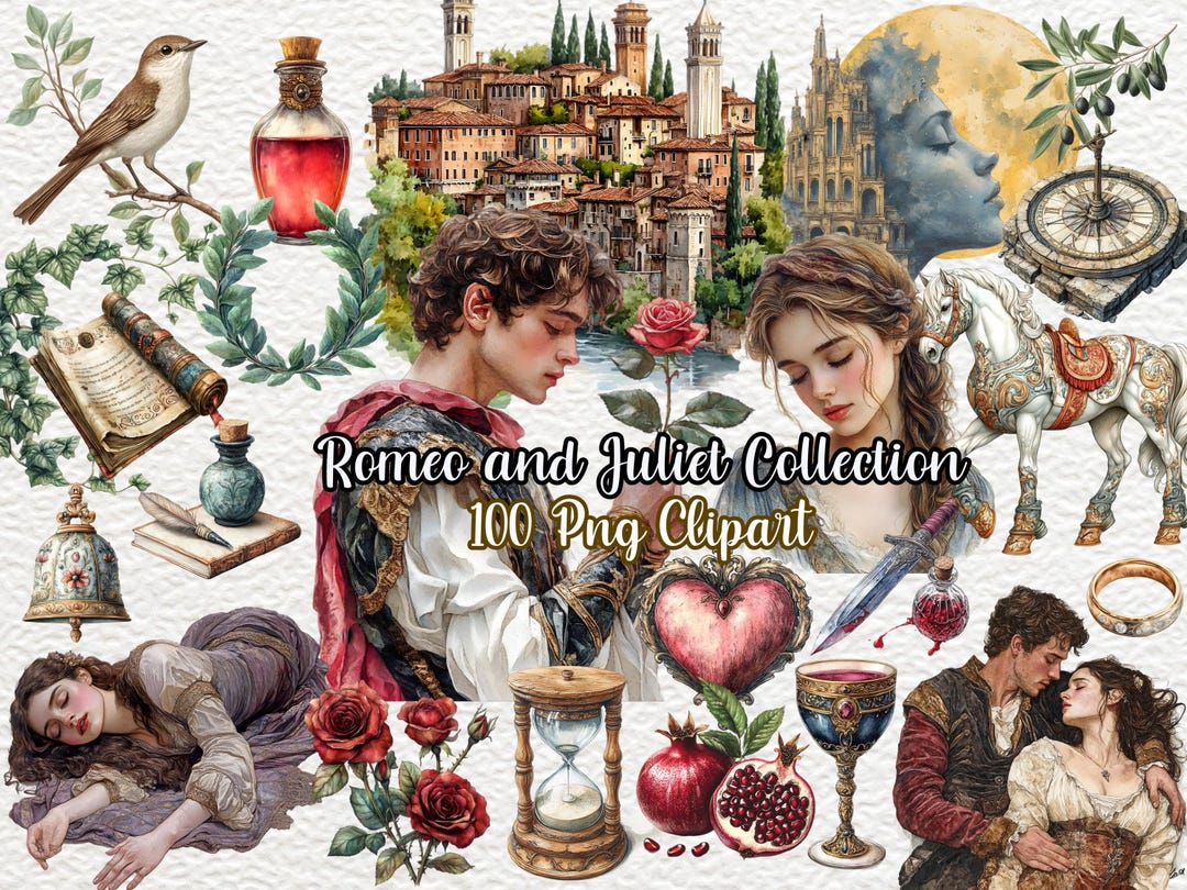 Watercolor Romeo and Juliet Clipart Set | Shakespeare Love Story Art ...