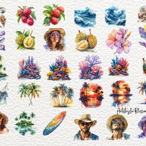 Watercolor Tropical Summer Clipart, Colorful Beach Art, Tropical Summer ...