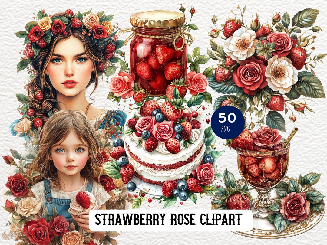 Strawberry Rose Clipart Bundle | Floral Fruit PNG | Watercolor ...