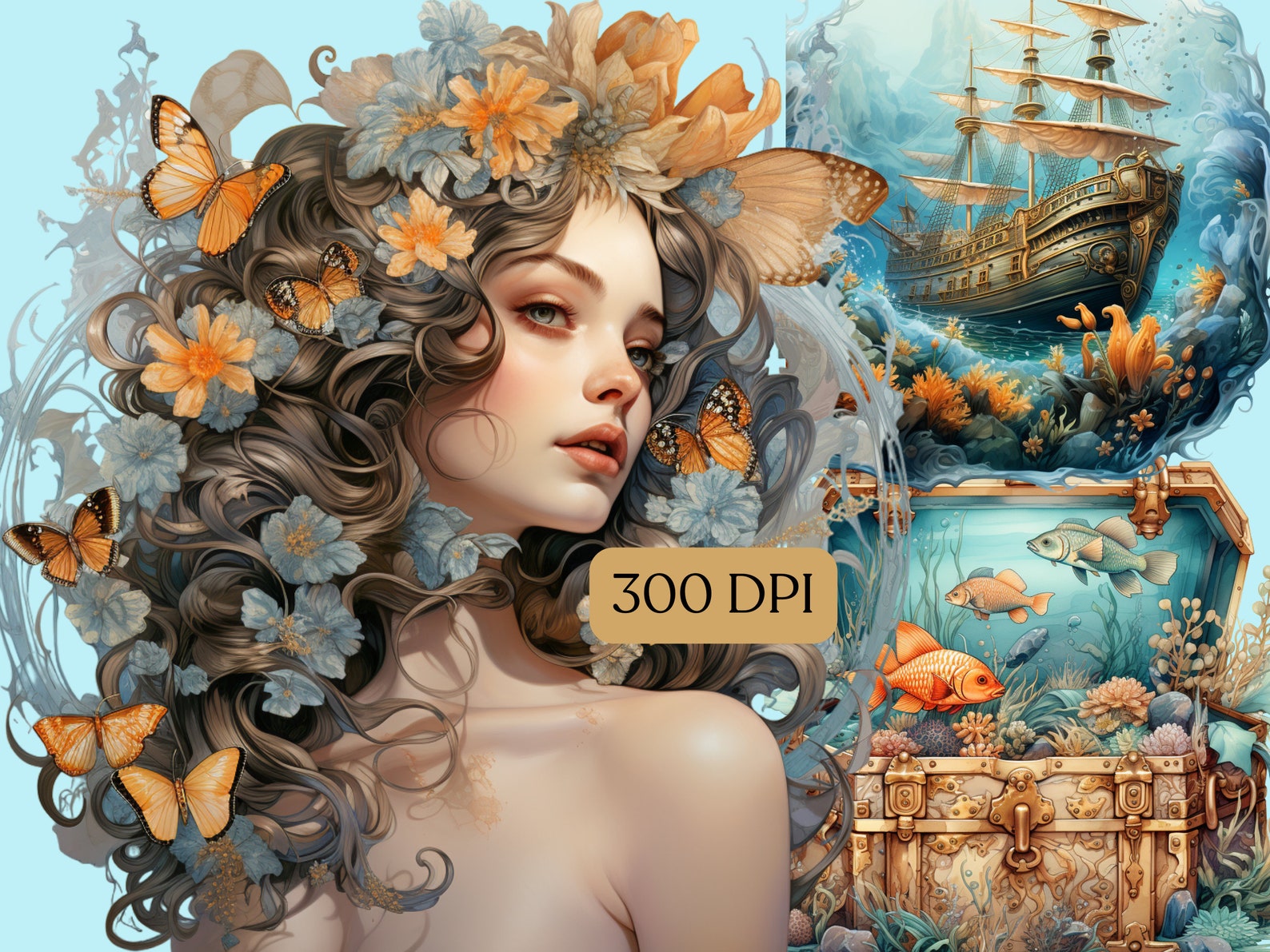 Undersea Watercolor Clipart, Mermaids and Sunken Treasure Clipart ...