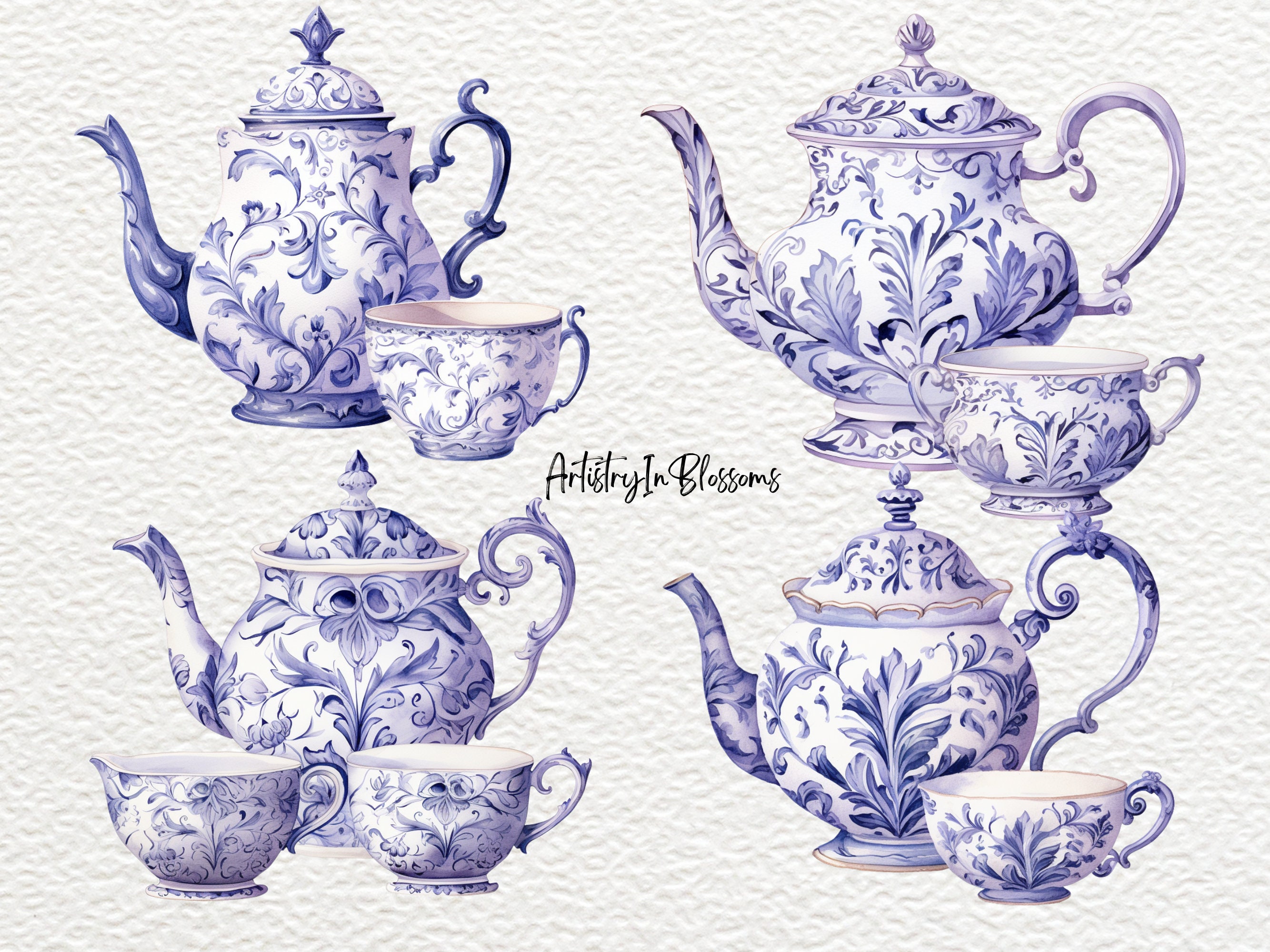 Watercolor Chinoiserie Clipart, Chinoiserie Watercolor Tea Set Clipart ...