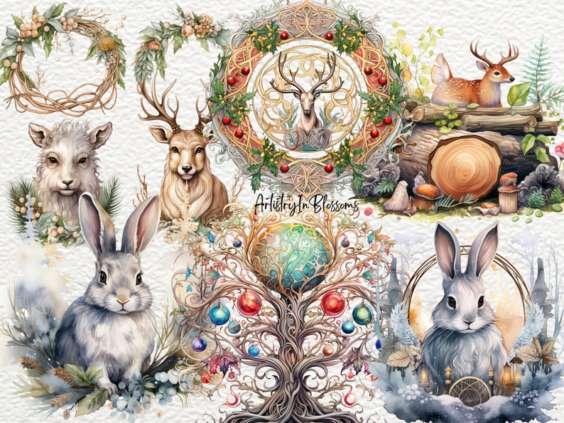 Watercolor Yule Clipart, Christmas Clipart, Winter Solstice Clipart, Witch Art, Pagan Clipart ...
