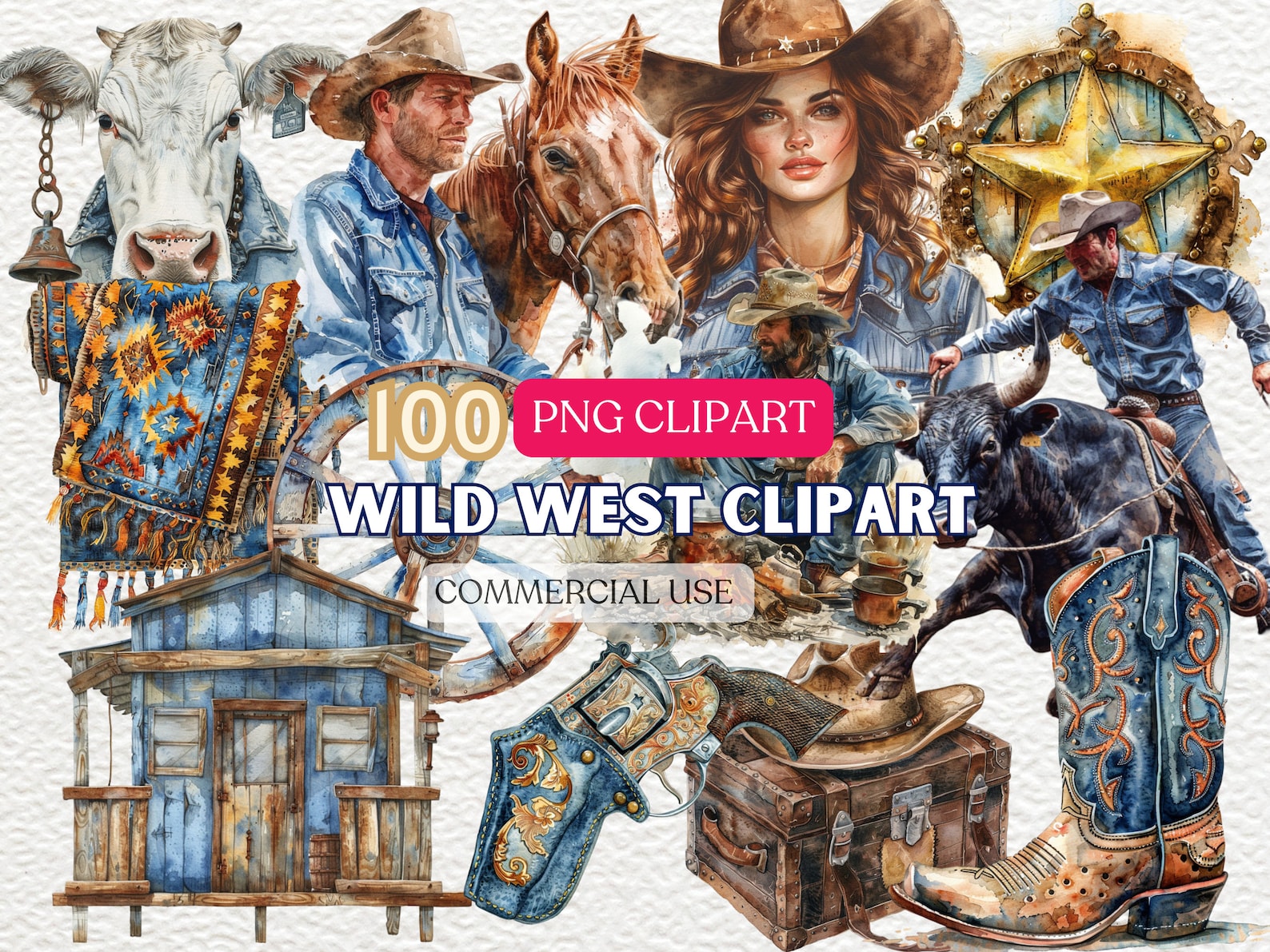 Watercolor Western Clipart, Cowboy-themed Clipart Set, Western Life ...
