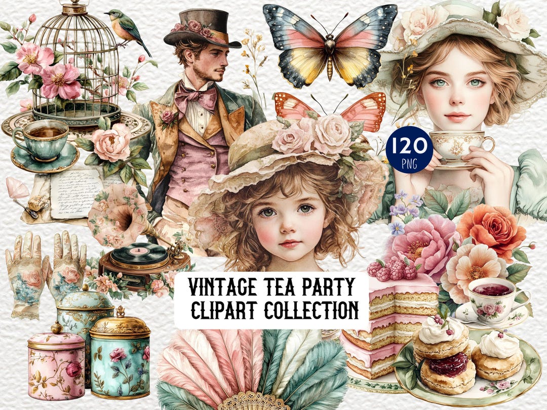 Vintage Tea Party Clipart Bundle, Retro Teacup PNG, Antique Teapot ...