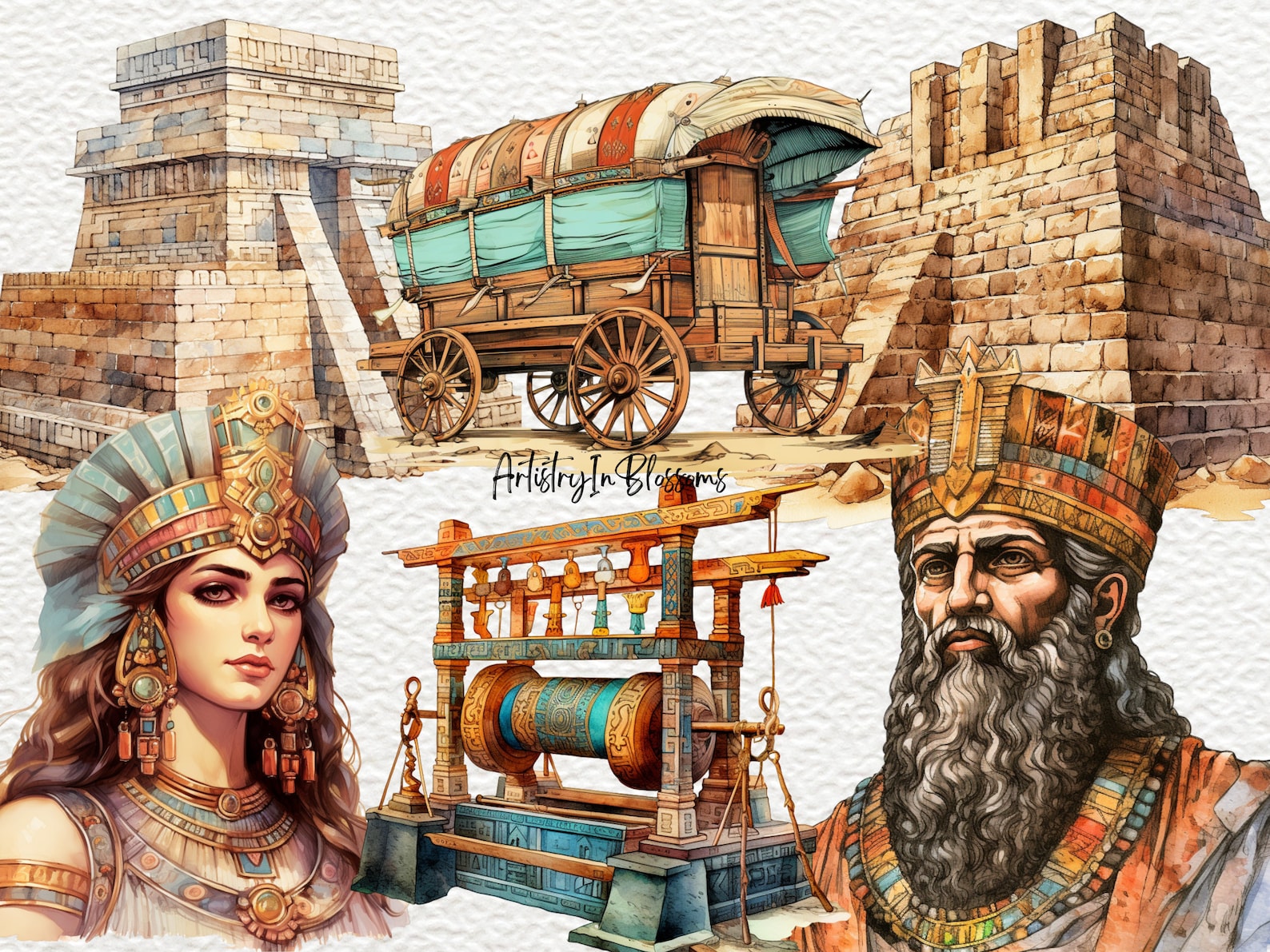 Watercolor Ancient Mesopotamia Clipart, Mesopotamian Symbol, Ziggurat ...