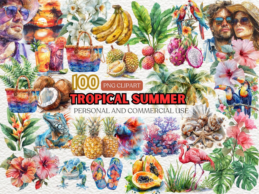 Watercolor Tropical Summer Clipart, Colorful Beach Art, Tropical Summer ...