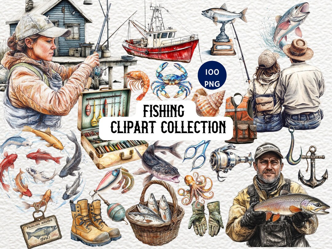 Fishing Clipart Bundle, Watercolor Fishing Clipart, Fishing Clipart ...