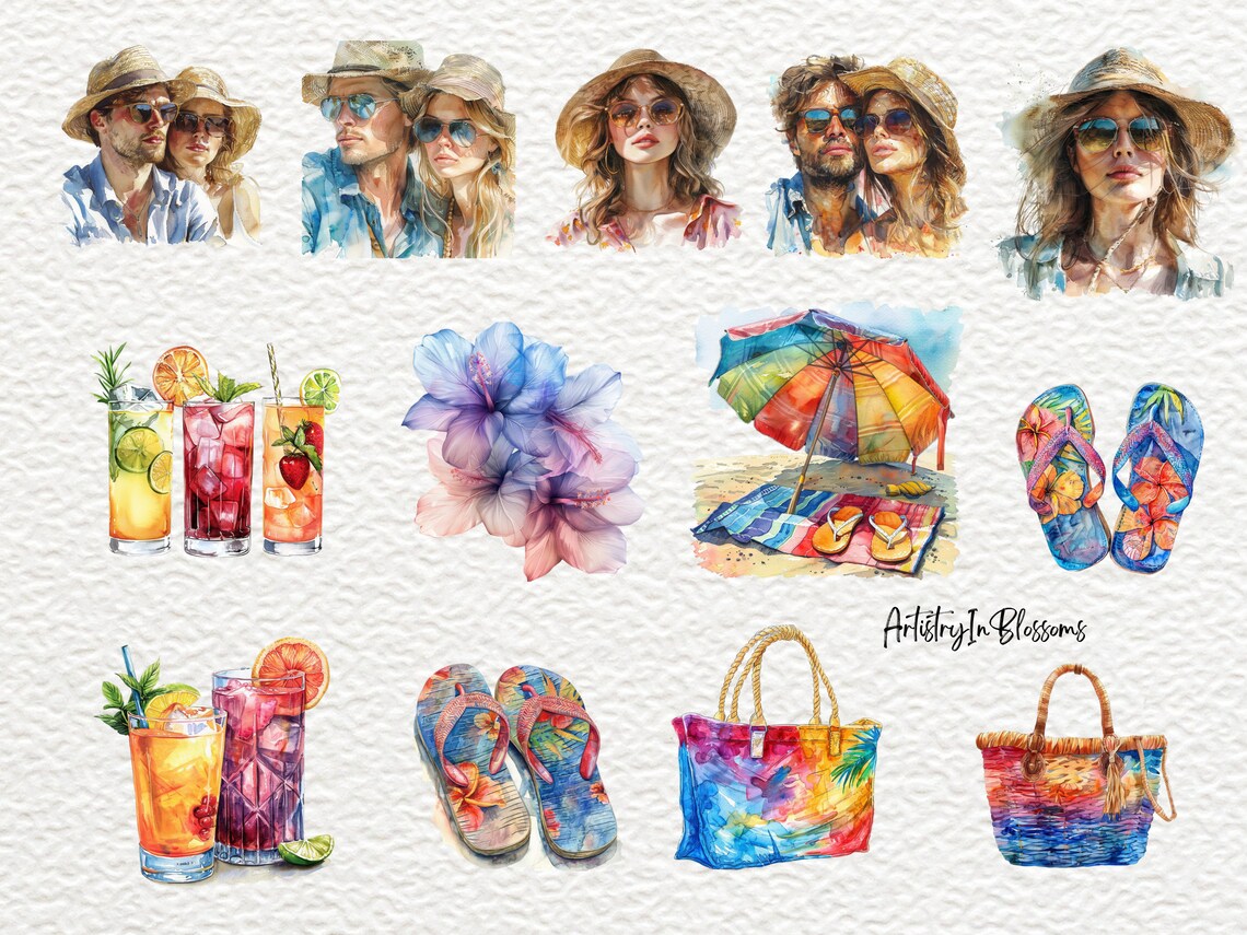 Watercolor Tropical Summer Clipart, Colorful Beach Art, Tropical Summer ...
