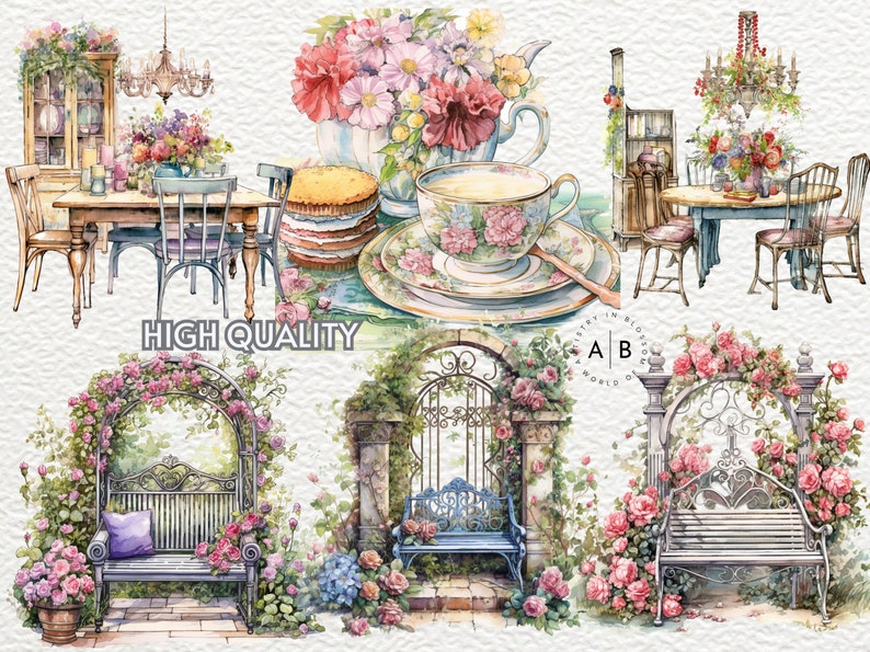 Junk Journal, Watercolor Shabby Chic Clipart, Flower Prints, Digital ...