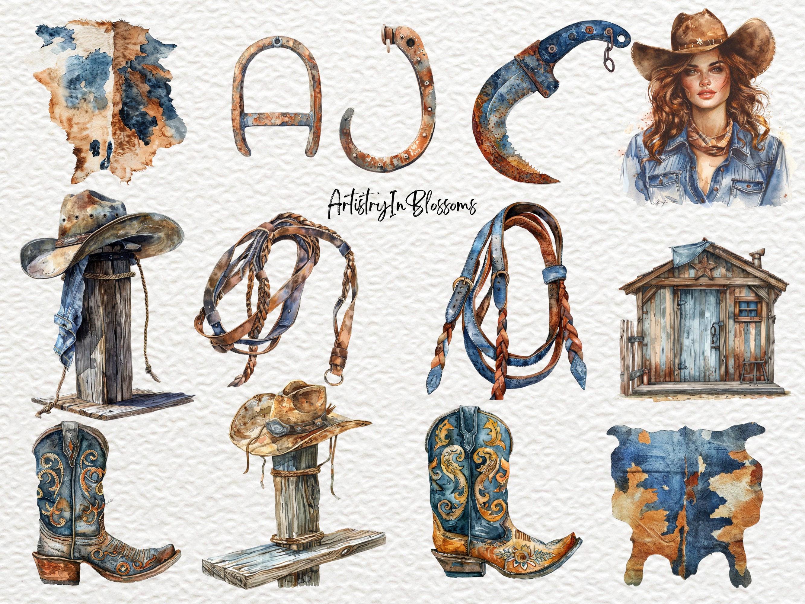 Watercolor Western Clipart, Cowboy-themed Clipart Set, Western Life ...